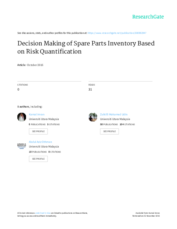(PDF) Decision Making of Spare Parts Inventory Based on Risk Quantification