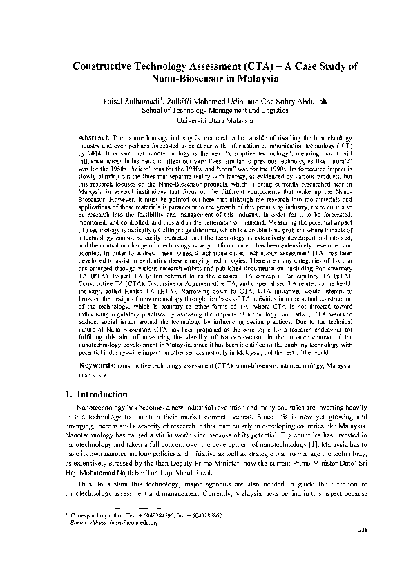 (PDF) Constructive technology assessment (CTA) - A case study of Nano-Biosensor in Malaysia