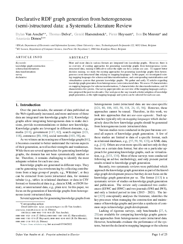 (PDF) Declarative RDF graph generation from heterogeneous (semi-)structured data: A systematic ...