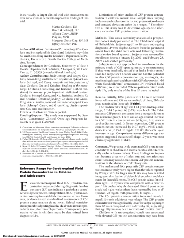 (PDF) Reference Range for Cerebrospinal Fluid Protein Concentration in ...