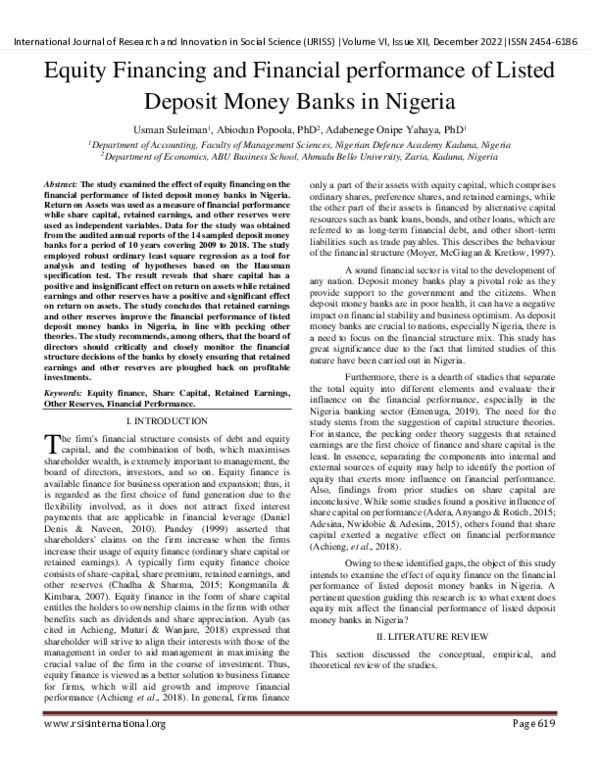 (PDF) Equity Financing and Financial performance of Listed Deposit Money Banks in Nigeria