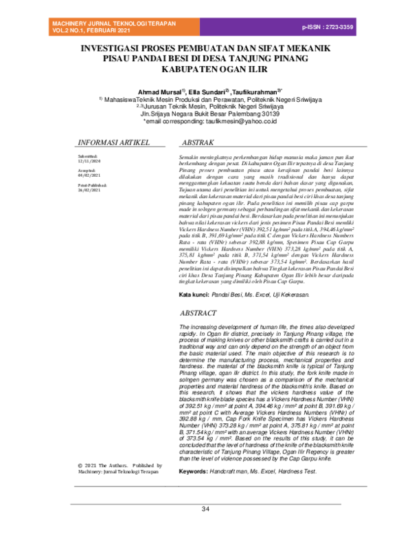(PDF) Investigasi Proses Pembuatan Dan Sifat Mekanik Pisau Pandai Besi ...