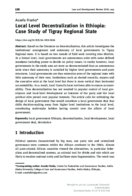 (PDF) Local Level Decentralization in Ethiopia: Case Study of Tigray ...