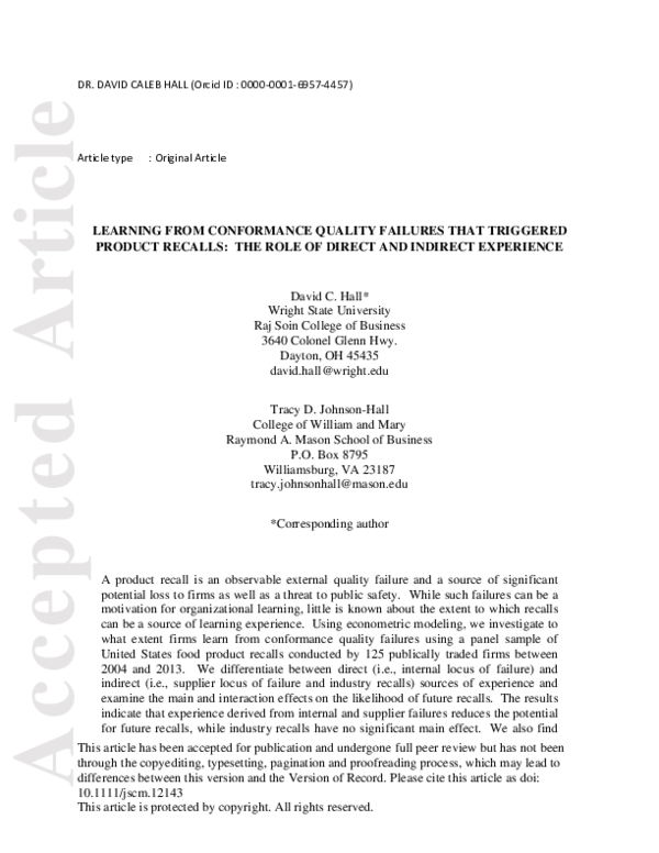 (PDF) Learning from Conformance Quality Failures That Triggered Product ...