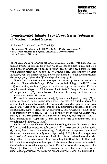 (PDF) Complemented infinite type power series subspaces of nuclear Fréchet spaces