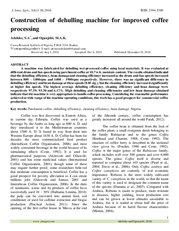 (PDF) Construction of dehulling machine for improved coffee processing