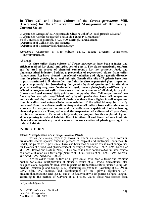 (PDF) In Vitro Cell and Tissue Culture of the Cereus Peruvianus Mill ...