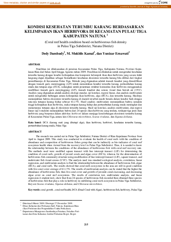 (PDF) Kondisi Kesehatan Terumbu Karang Berdasarkan Kelimpahan Ikan Herbivora DI Kecamatan Pulau ...