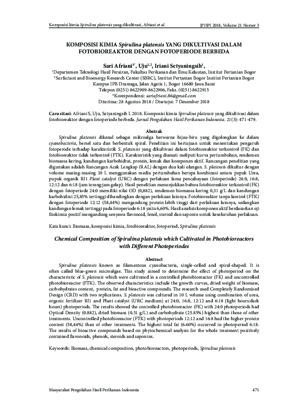 (PDF) Chemical Composition of Spirulina platensis which Cultivated in ...