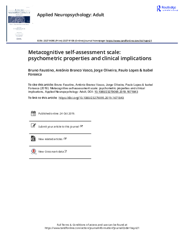 Metacognitive Self Assessment Scale Psychometric Properties And Clinical Implications