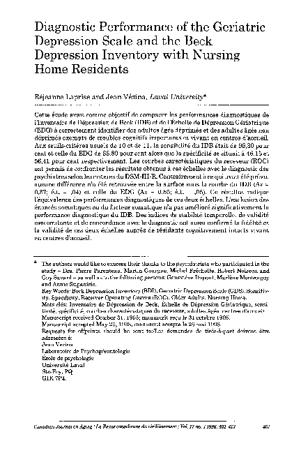 (PDF) Diagnostic Performance of the Geriatric Depression Scale and the ...