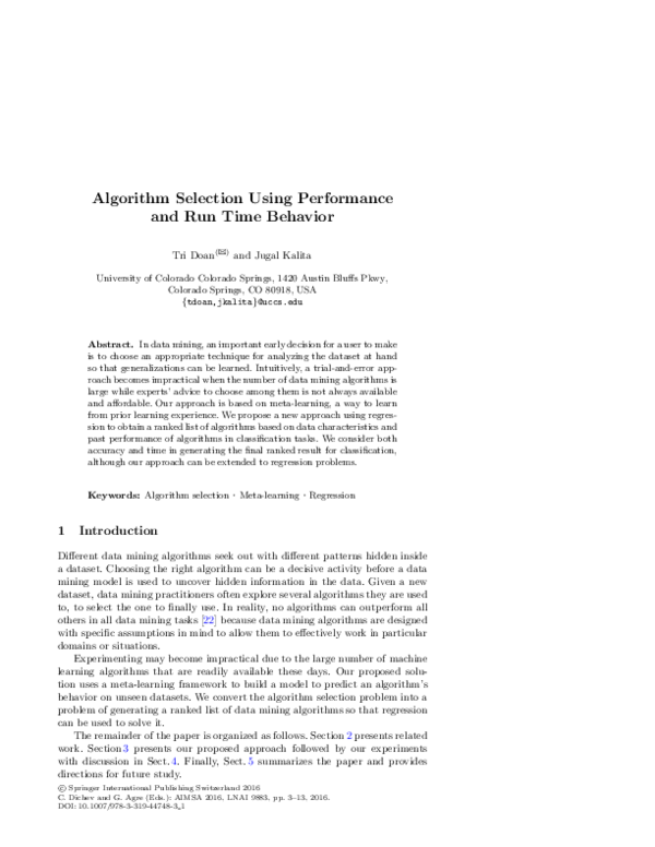 Pdf Algorithm Selection Using Performance And Run Time Behavior Tri 0499