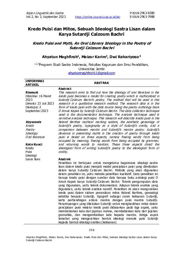 (PDF) Kredo Puisi dan Mitos, Sebuah Ideologi Sastra Lisan dalam Karya Sutardji Calzoum Bachri ...
