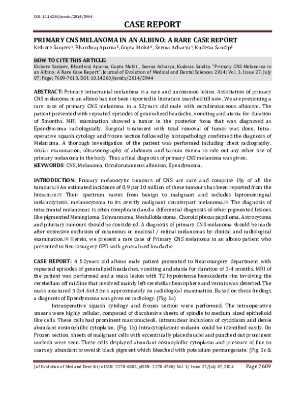 (PDF) Primary CNS Melanoma in an Albino: A Rare Case Report