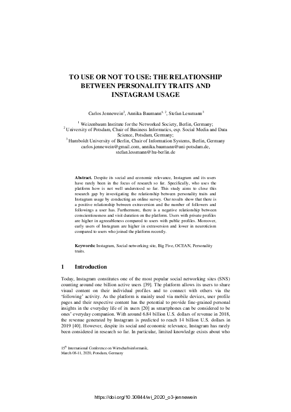 (PDF) To Use or Not to Use: The Relationship Between Personality Traits and Instagram Usage