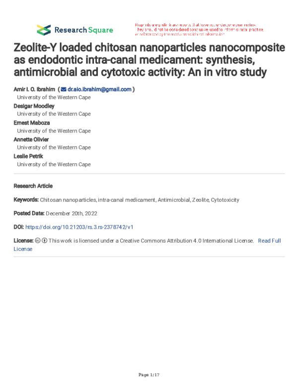 (PDF) Zeolite-Y loaded chitosan nanoparticles nanocomposite as endodontic intra-canal medicament ...