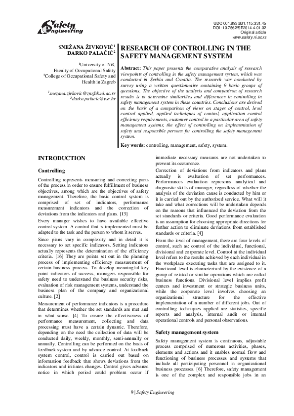 (PDF) Research of Controlling in the Safety Management System
