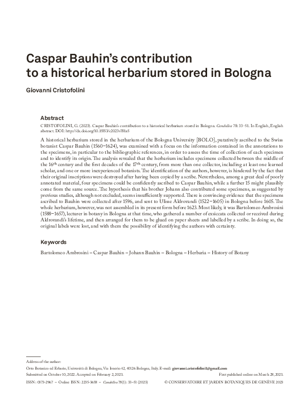 (PDF) Caspar Bauhin's contribution to a historical herbarium stored in ...