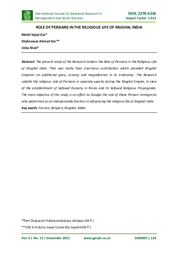 (PDF) Role of Persians in The Religious Life of Mughal India