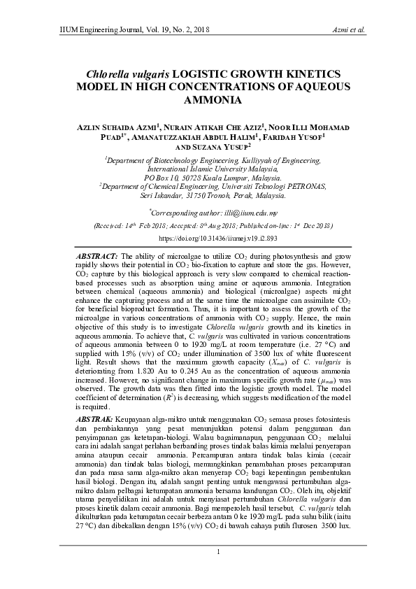 (PDF) Chlorella vulgaris logistic growth kinetics model in high concentrations of aqueous ammonia