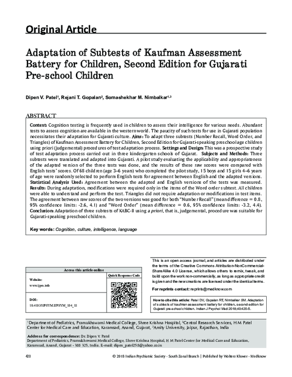 (PDF) Adaptation of Subtests of Kaufman Assessment Battery for Children ...