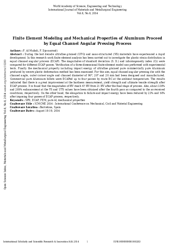 (PDF) Finite Element Modeling and Mechanical Properties of Aluminum Proceed by Equal Channel ...