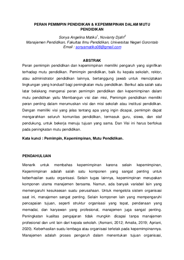 (PDF) PERAN PEMIMPIN PENDIDIKAN & KEPEMIMPINAN DALAM MUTU PENDIDIKAN