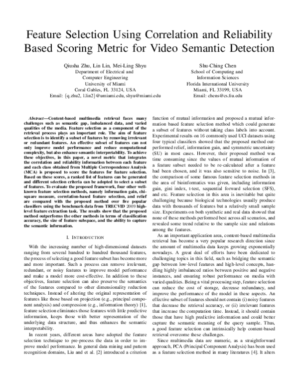 (PDF) Feature Selection Using Correlation and Reliability Based Scoring Metric for Video ...