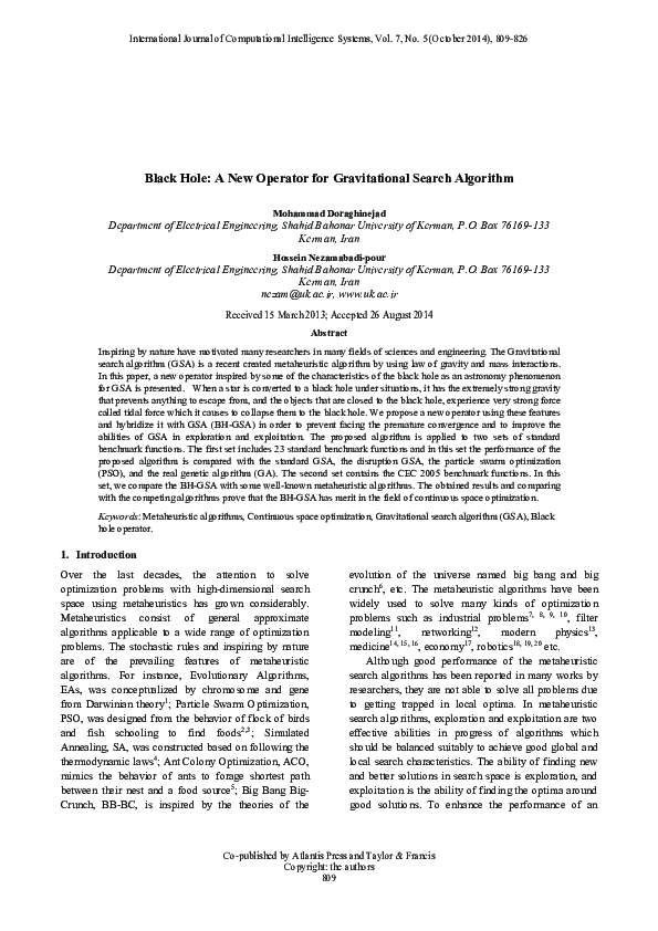 (PDF) Black Hole: A New Operator for Gravitational Search Algorithm