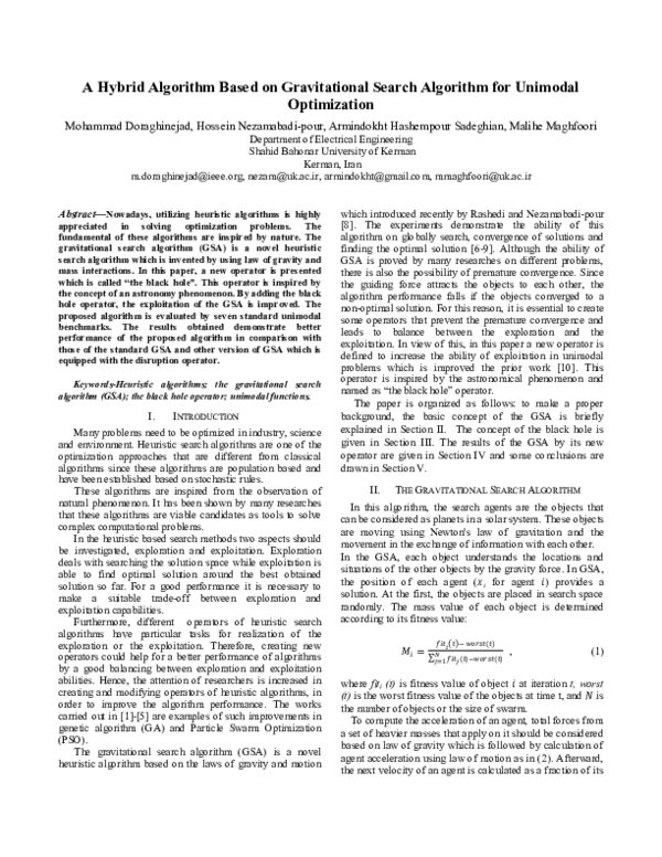 (PDF) A hybrid algorithm based on gravitational search algorithm for unimodal optimization