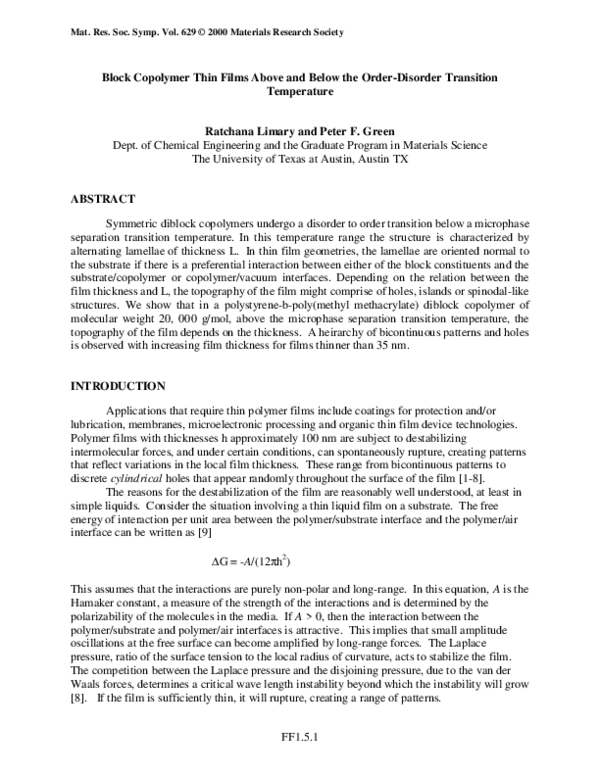 (PDF) Block Copolymer Thin Films Above and Below the Order-Disorder ...