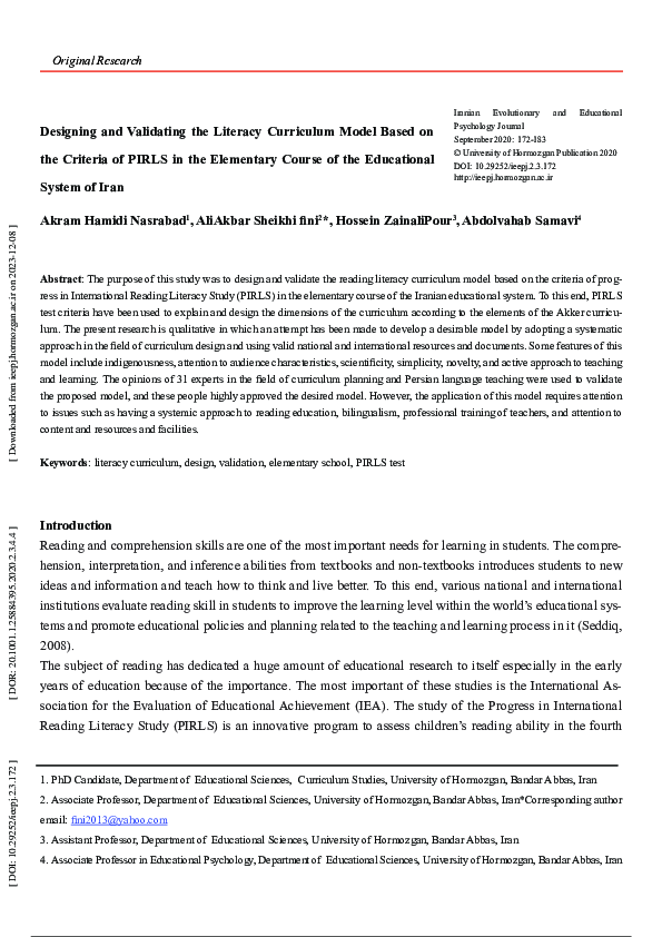 (PDF) Designing and Validating the Literacy Curriculum Model Based on the Criteria of PIRLS in ...