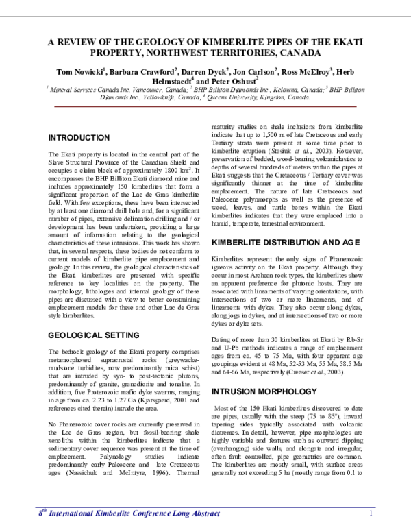 (PDF) A review of the geology of kimberlite pipes of the Ekati property, Northwest Territories ...