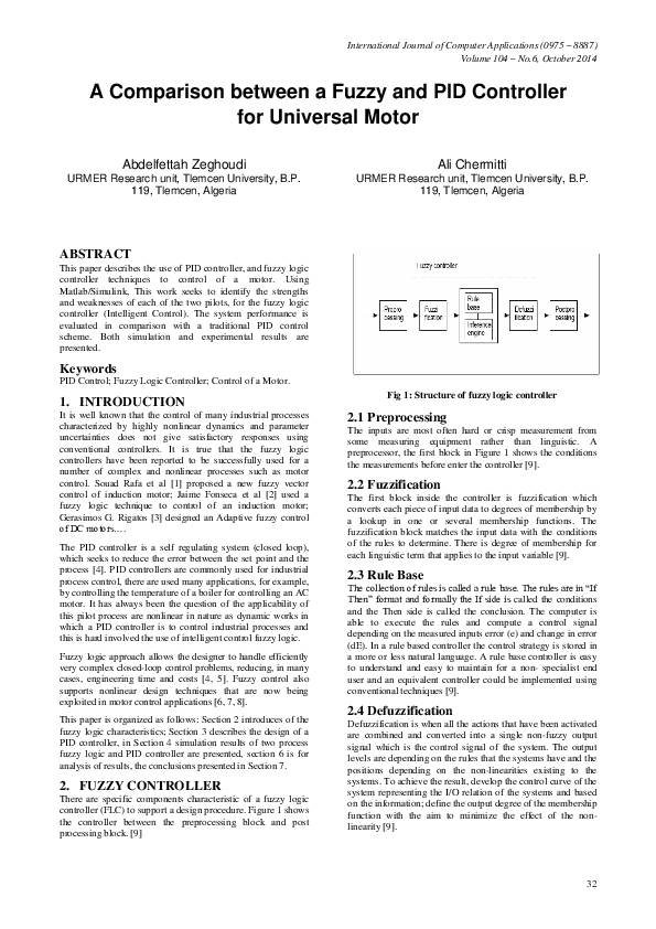 (PDF) A Comparison between a Fuzzy and PID Controller for Universal Motor | Abdelfettah ZEGHOUDI ...