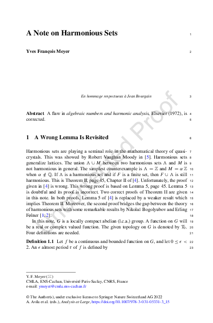 (PDF) A Note on Harmonious Sets