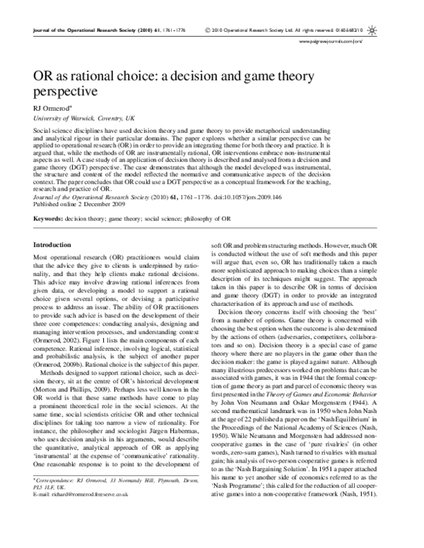 (PDF) OR as rational choice: a decision and game theory perspective