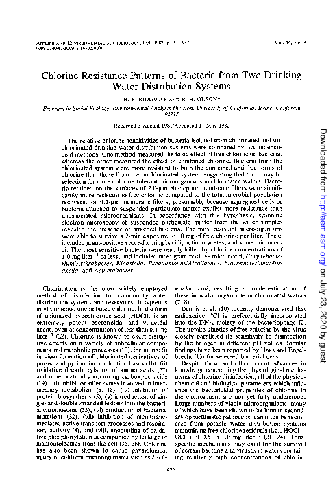 (PDF) Chlorine resistance patterns of bacteria from two drinking water ...