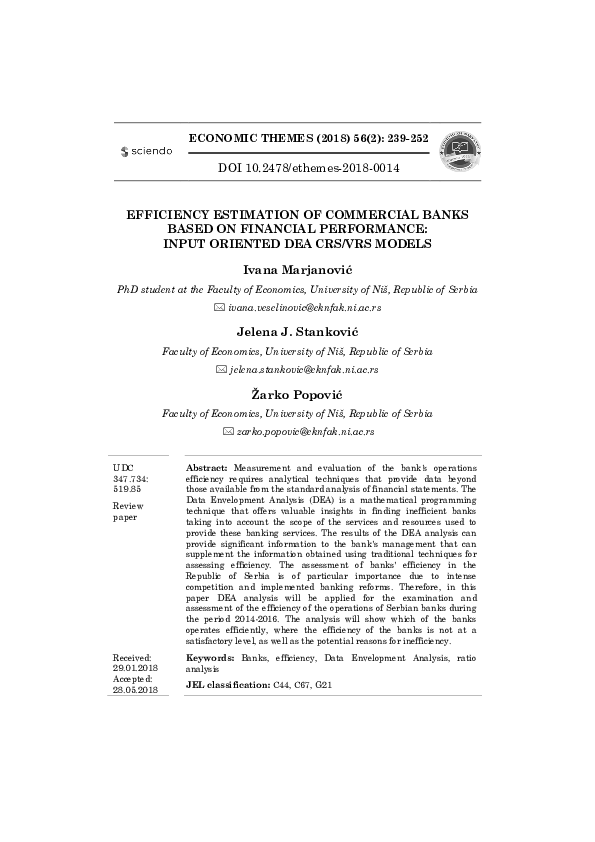 (PDF) Efficiency Estimation of Commercial Banks Based on Financial Performance: Input Oriented ...