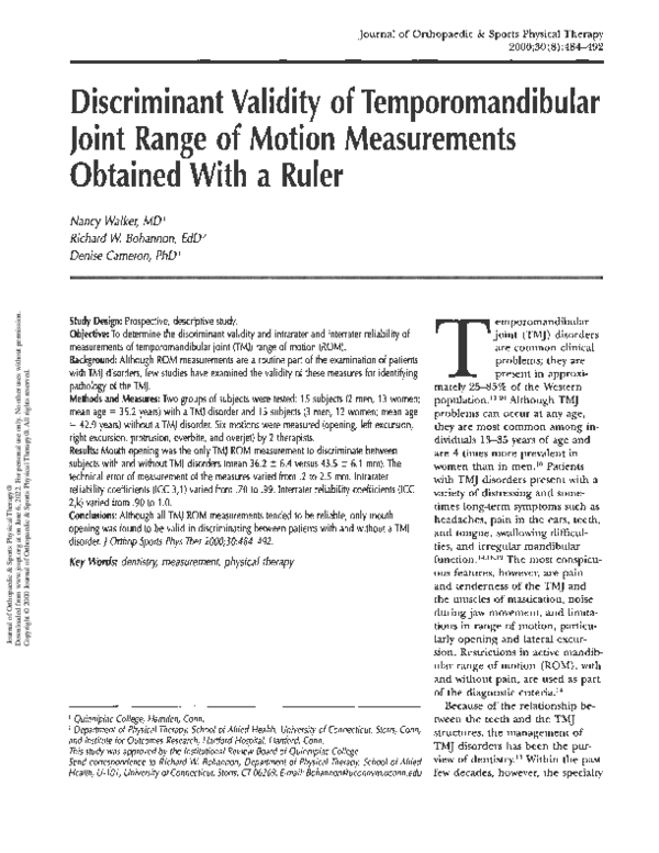 (PDF) Discriminant Validity of Temporomandibular Joint Range of Motion ...