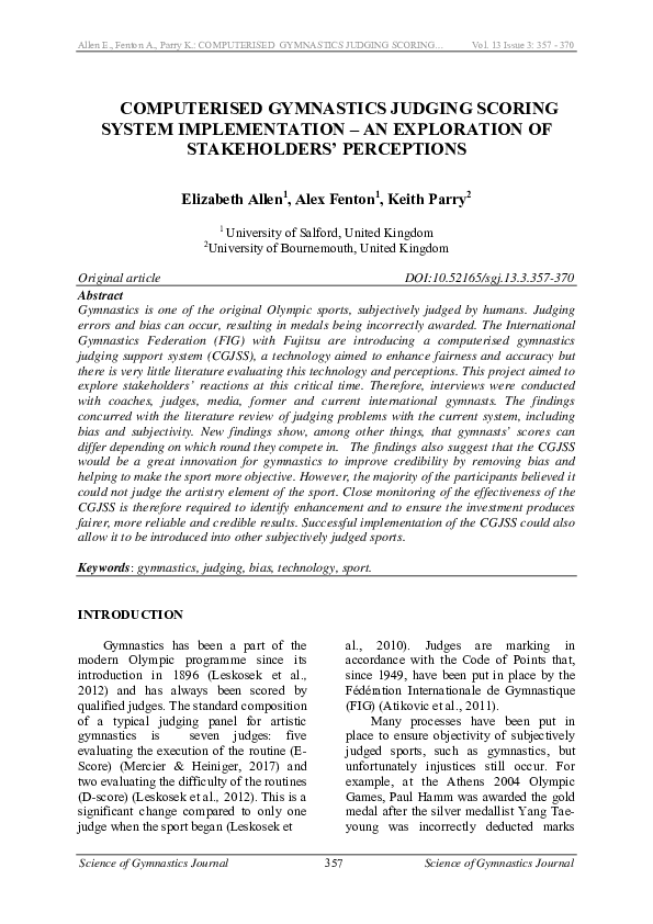 (PDF) Computerised Gymnastics Judging Scoring System Implementation – an Exploration of ...