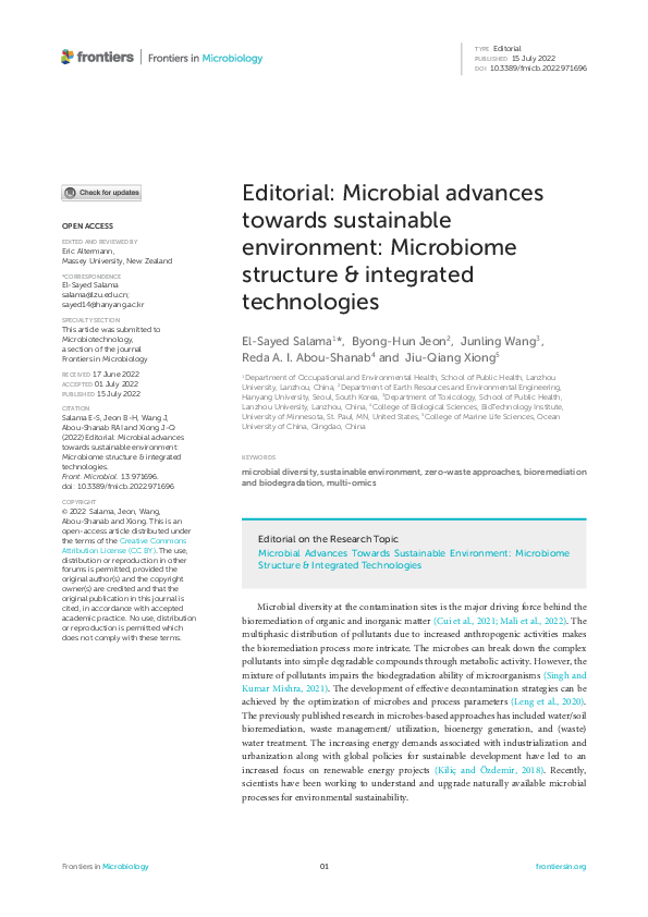 (PDF) Editorial: Microbial advances towards sustainable environment ...