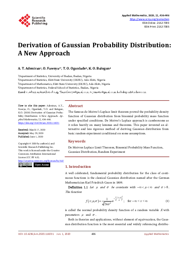 (PDF) Derivation of Gaussian Probability Distribution: A New Approach