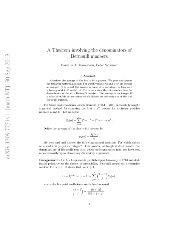 (PDF) A Theorem Involving the Denominators of Bernoulli Numbers