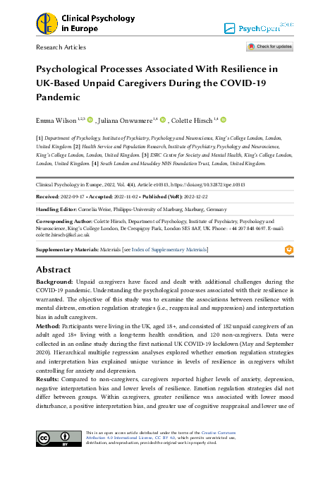 (PDF) Psychological processes associated with resilience in UK-based unpaid caregivers during ...