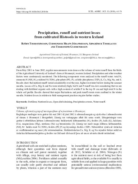 (PDF) Precipitation, runoff and nutrient losses from cultivated ...