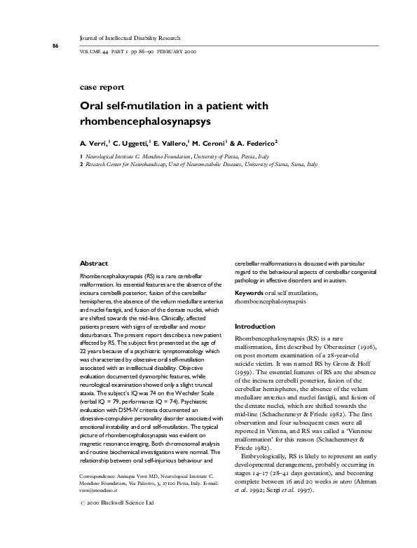(PDF) Oral self-mutilation in a patient with rhombencephalosynapsys