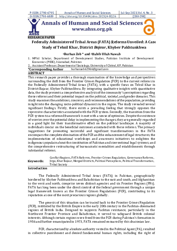 (PDF) Federally Administered Tribal Areas (FATA) Reforms Unveiled: A ...
