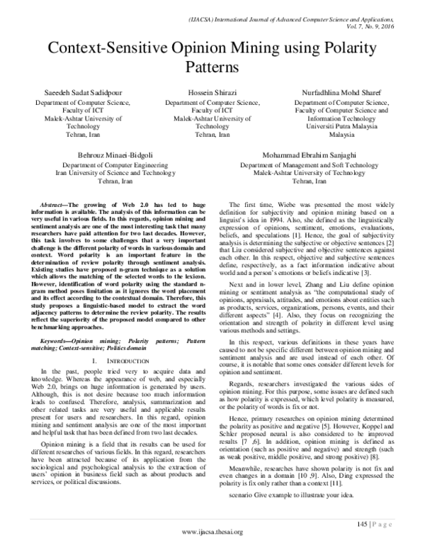 (PDF) Context-Sensitive Opinion Mining using Polarity Patterns | mohammad ebrahim - Academia.edu