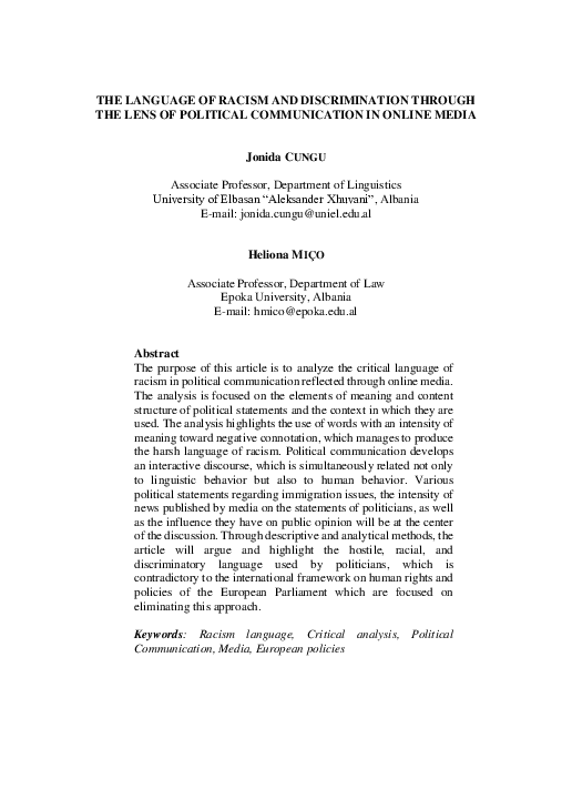 (PDF) The Language of Racism and Discrimination Through the Lens of Political Communication in ...