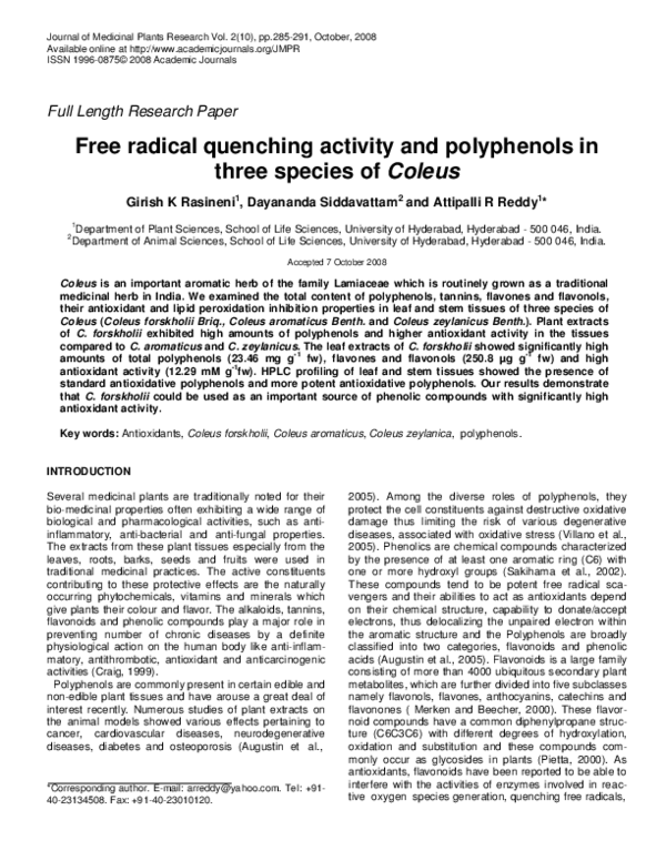 (PDF) Free radical quenching activity and polyphenols in three species ...